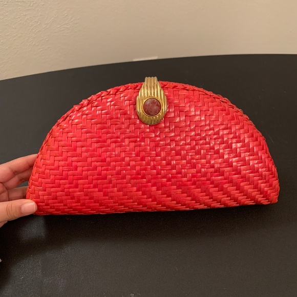 Rodo | Bags | Basket Woven Style Red Clutch With Stone Bezeled Clasp ...